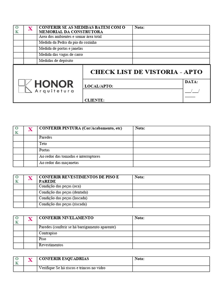 (Modelo) CHECKLIST DE VISTORIA DE APTO - Honor Arquitetura | PDF | Bens ...