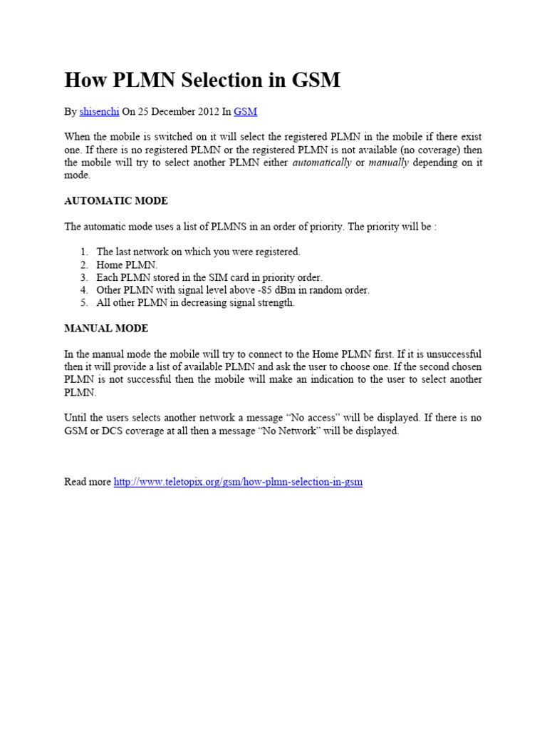 How PLMN Selection in GSM | PDF