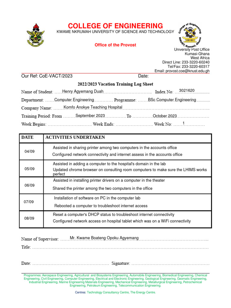 Internship Log Sheet Form 2023-W1 | PDF | Engineering | Computer Engineering