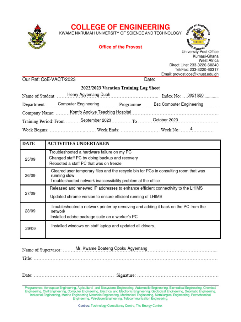 Internship Log Sheet Form 2023-W4 | PDF | Engineering | Personal Computers