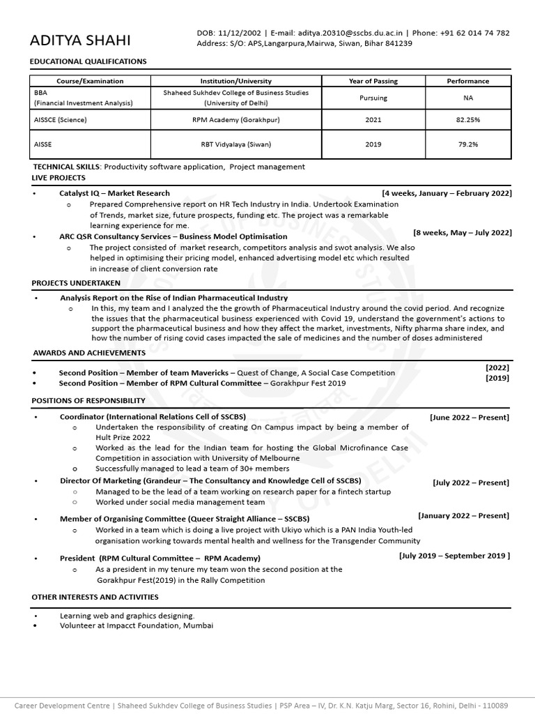 Resume Aditya Shahi | PDF | Pharmaceutical Industry | Economies