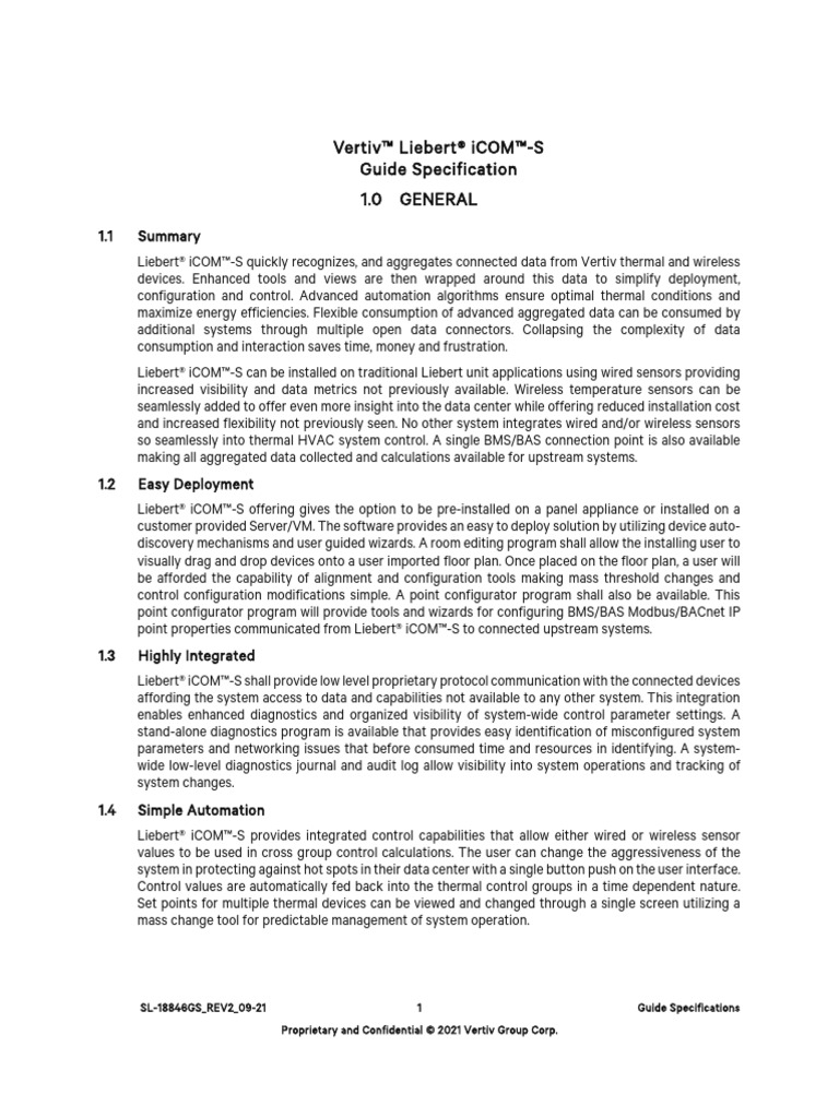 Liebert Icom S Guide Specifications 1 | PDF | Data Center | Wireless ...