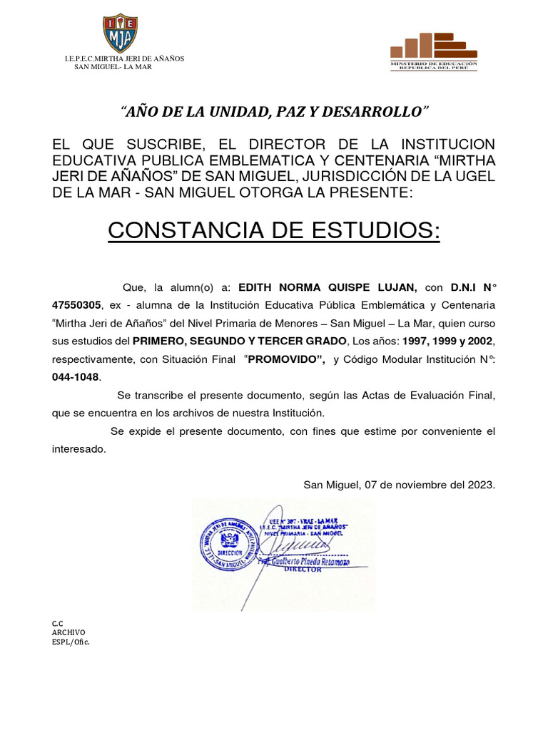 Certificado Del Estudio Quispe Lujan Edith Norma 2023 | PDF