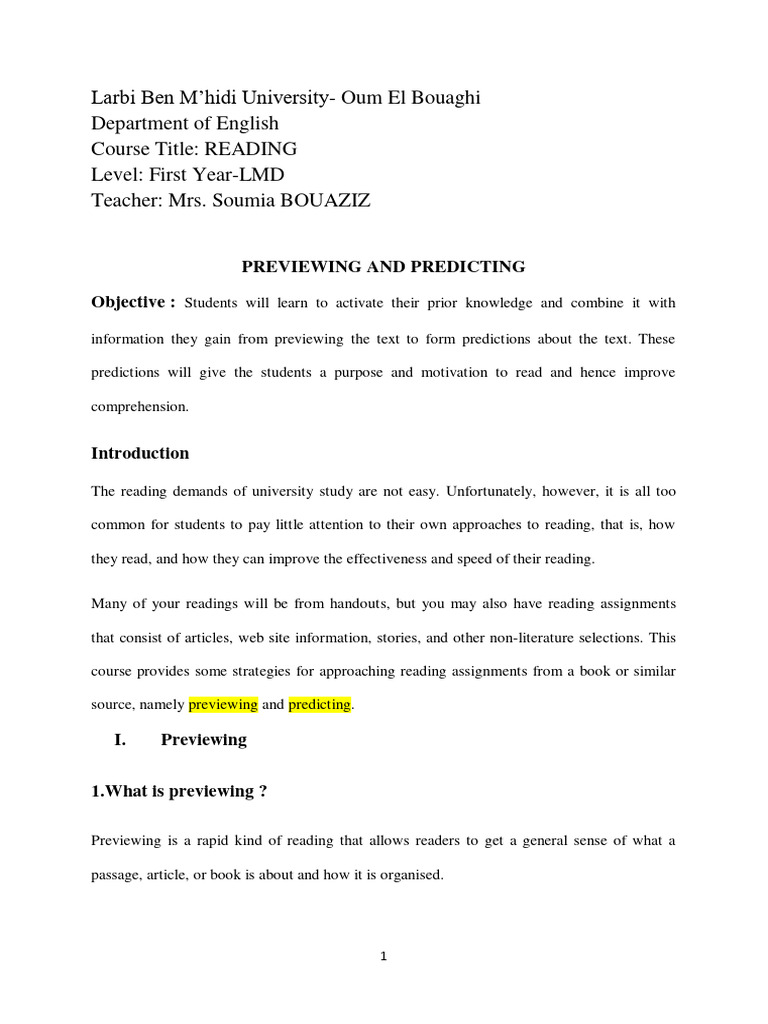 Previewing and Predicting | Download Free PDF | Reading Comprehension | Behavior Modification