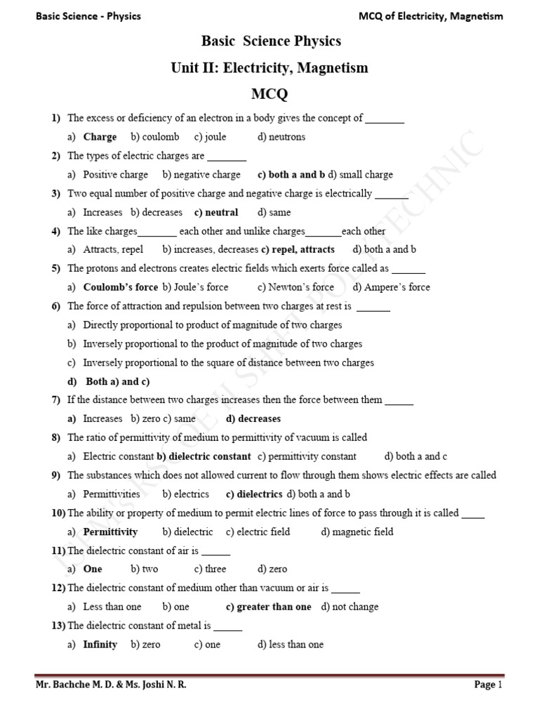 Unit II MCQ Electricity, Magnetism and Semiconductor | PDF | Electrical Resistivity And ...