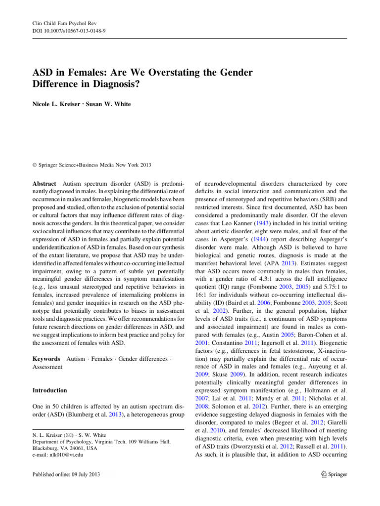ASD in Females Are We Overstating The Gender | PDF | Autism Spectrum ...