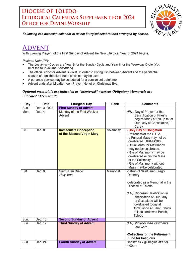 2024 Catholic Liturgical Calendar | PDF | Liturgical Year | Lent