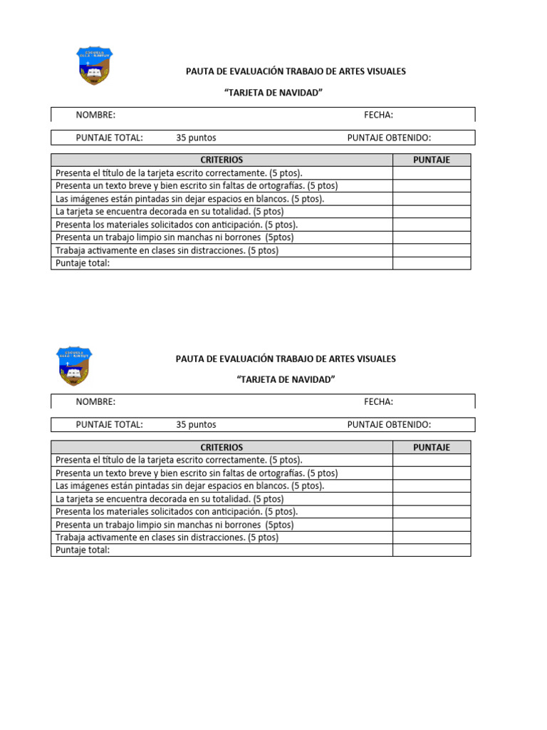 Pauta de Evaluación Tarjeta | PDF