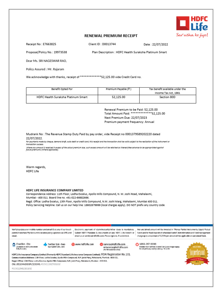 HDFC Health Insurance Renewal Receipt | PDF | Finance & Money Management