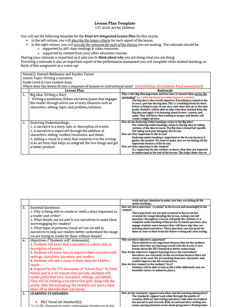 LTC 4240 Lesson Plan Template fs2023 - Final-1 - Kayden Turner Hannah Behlmann | PDF | Lesson ...