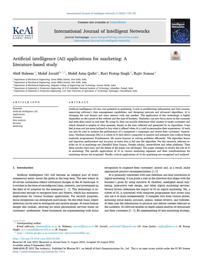 Artificial Intelligence (AI) Applications For Marketing - A Literature-Based Study | PDF ...