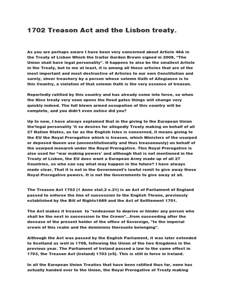 1702 Treason Act and The Lisbon Treaty | PDF | Monarchy Of The United ...