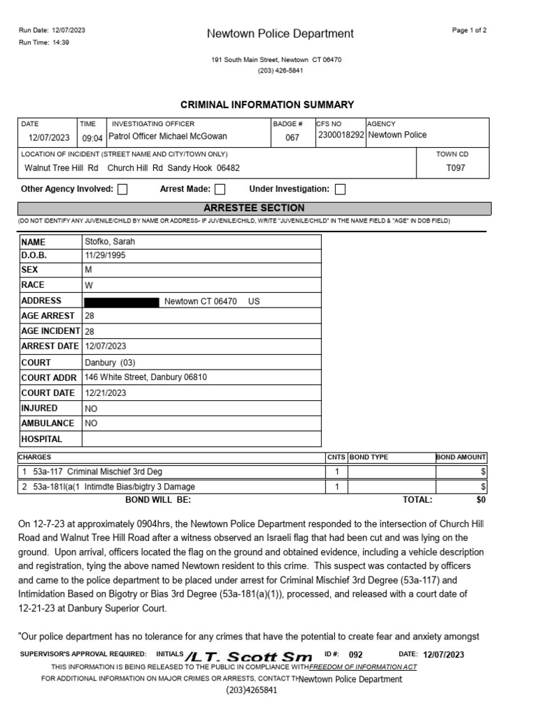 Sarah Stofko Arrested for Bias Crime | PDF | Arrest | Police