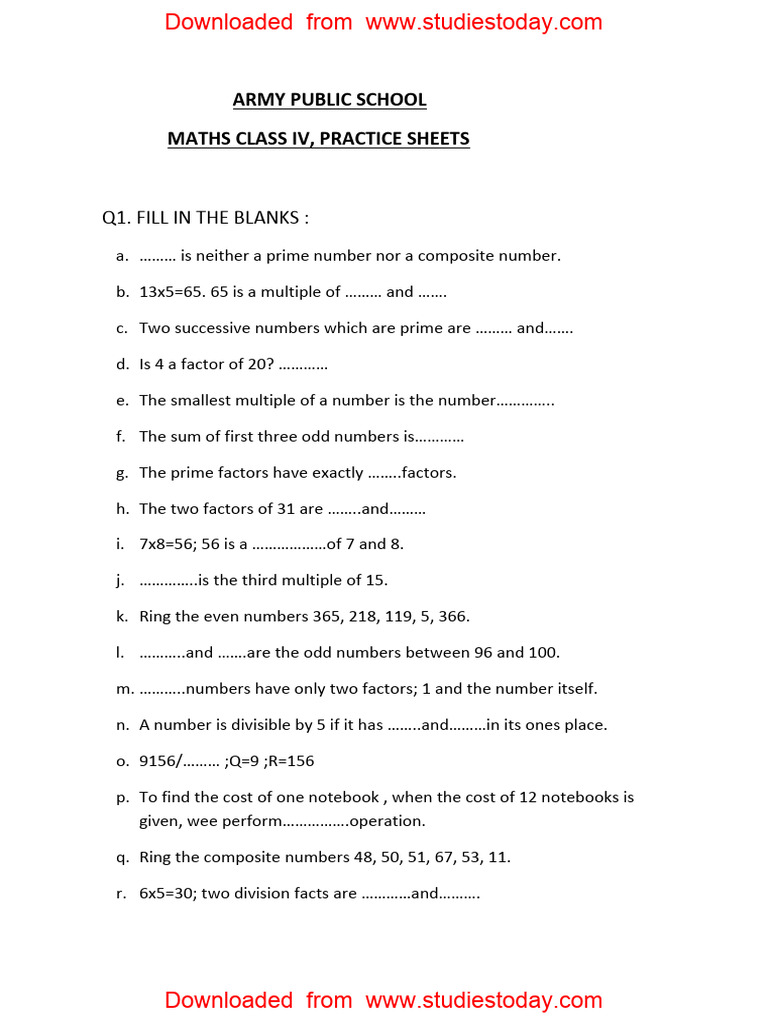Class 4 Maths Practice Worksheets | PDF