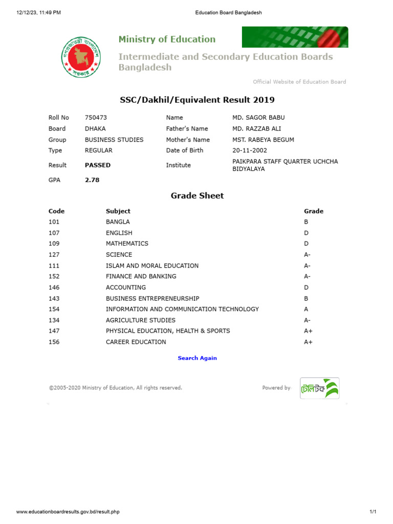 SSC Result Education Board Bangladesh | PDF