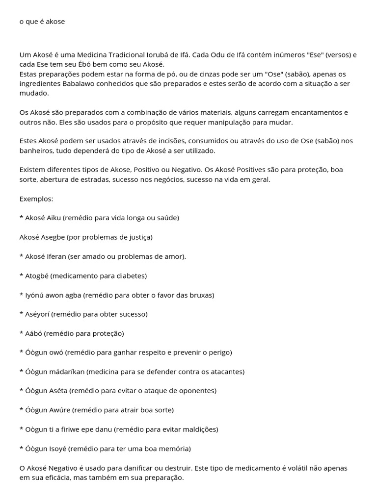 Um Akosé É Uma Medicina Tradicional Iorubá de Ifá. Cada Odu de Ifá ...