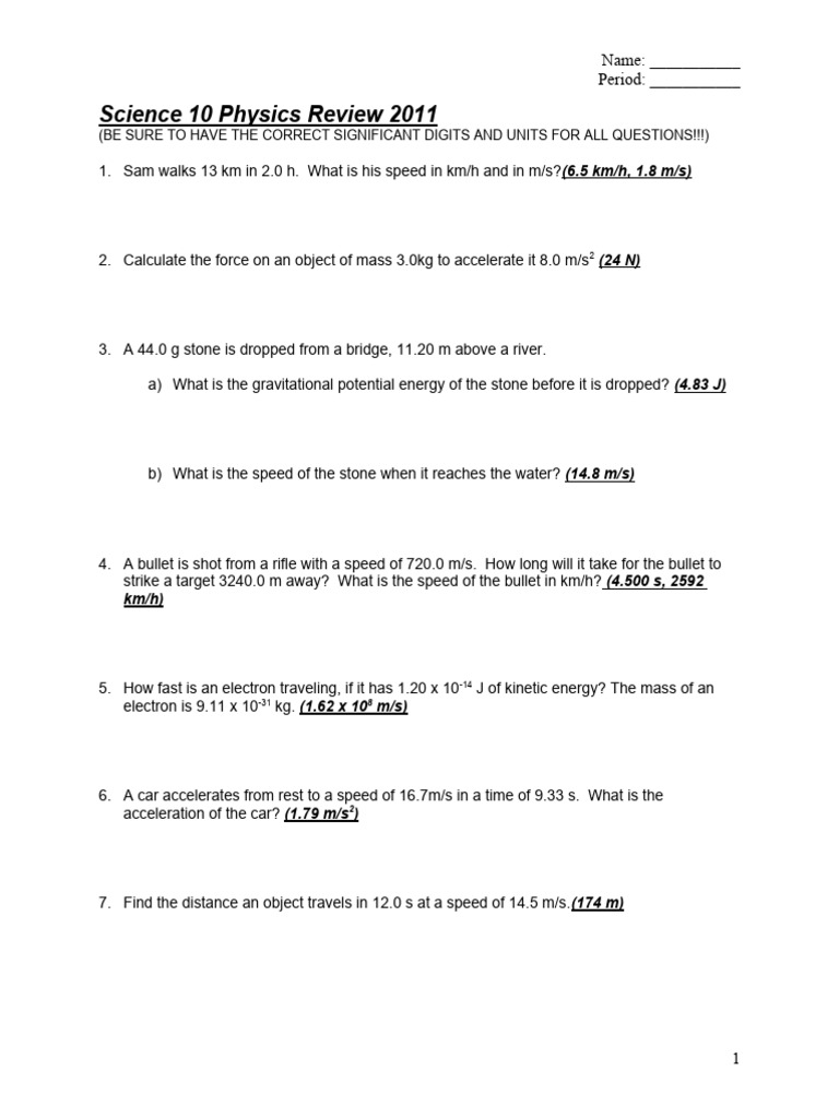 Science 10 Final Physics Review | PDF | Force | Potential Energy