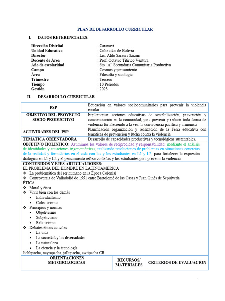 5to PLAN DE DESARROLLO CURRICULAR | PDF | Evaluación