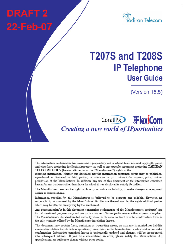 Tadiran Coral IPx T207 T208 SIP User Guide | PDF | Telephone | Network Switch