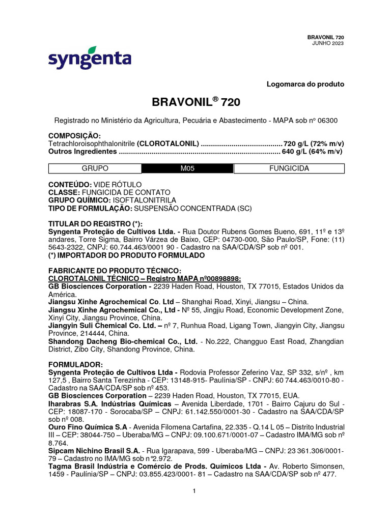 Bula Bravonil 720 Maio 23 | PDF | Fungicida