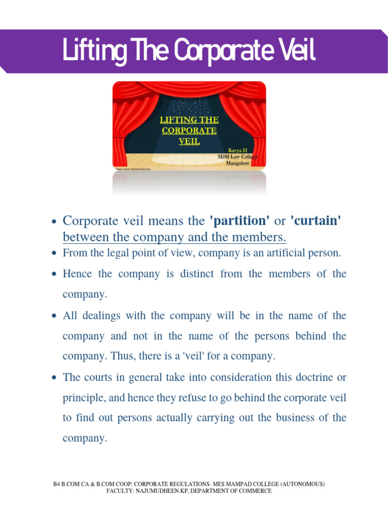 LIFTING THE CORPORATE VEIL | PDF | Piercing The Corporate Veil | Business Law