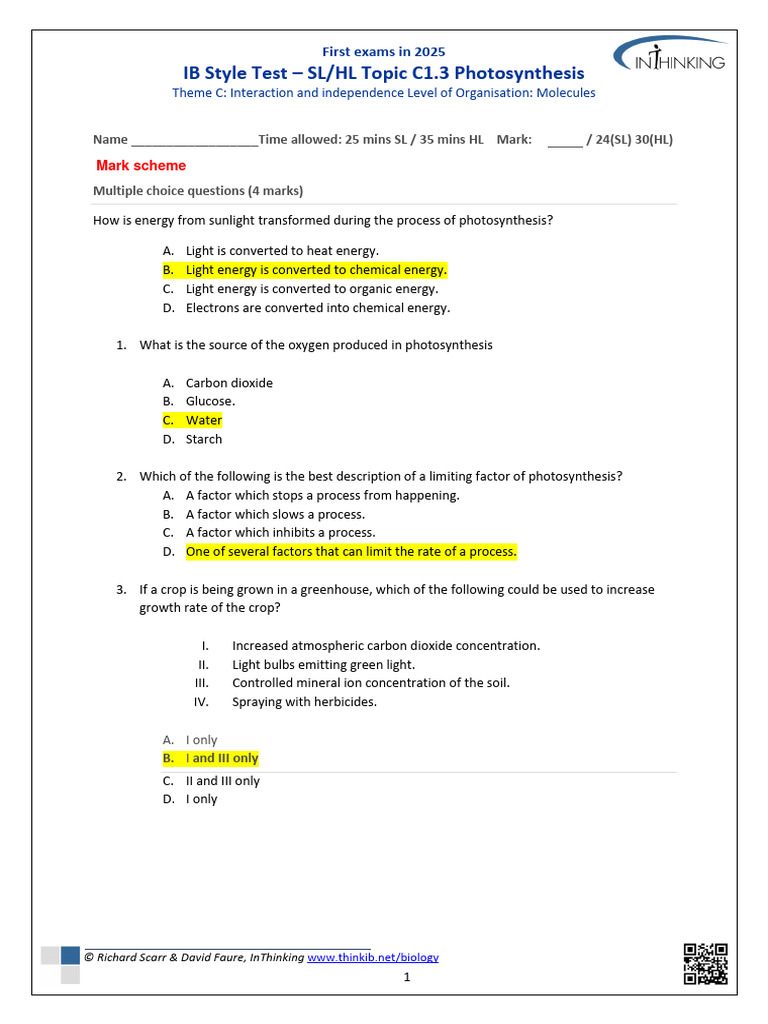 IB Photosynthesis Test - C1.3 | PDF | Photosynthesis | Photodissociation