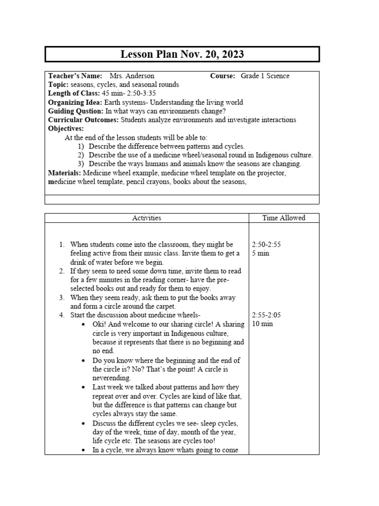 SS-Medicine Wheel Lesson Plan | PDF | Lesson Plan | Cognition