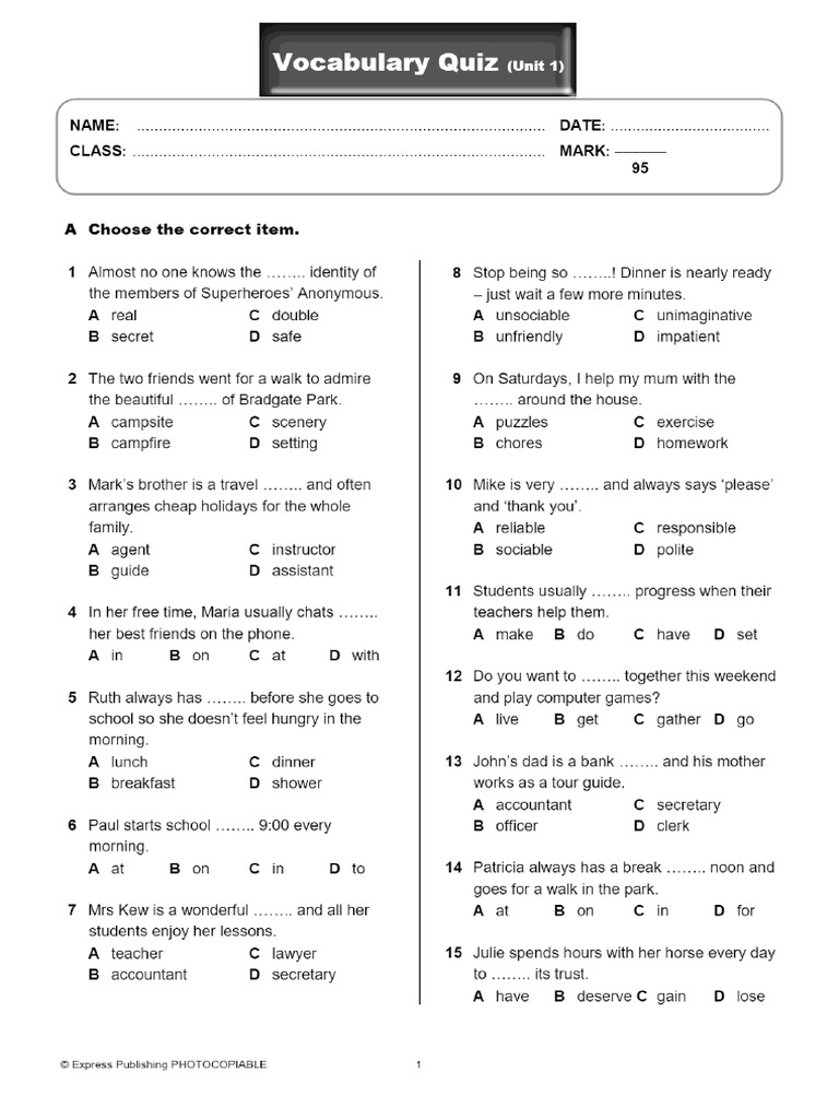 On Screen Unit 1 Vocabulary Quiz | PDF