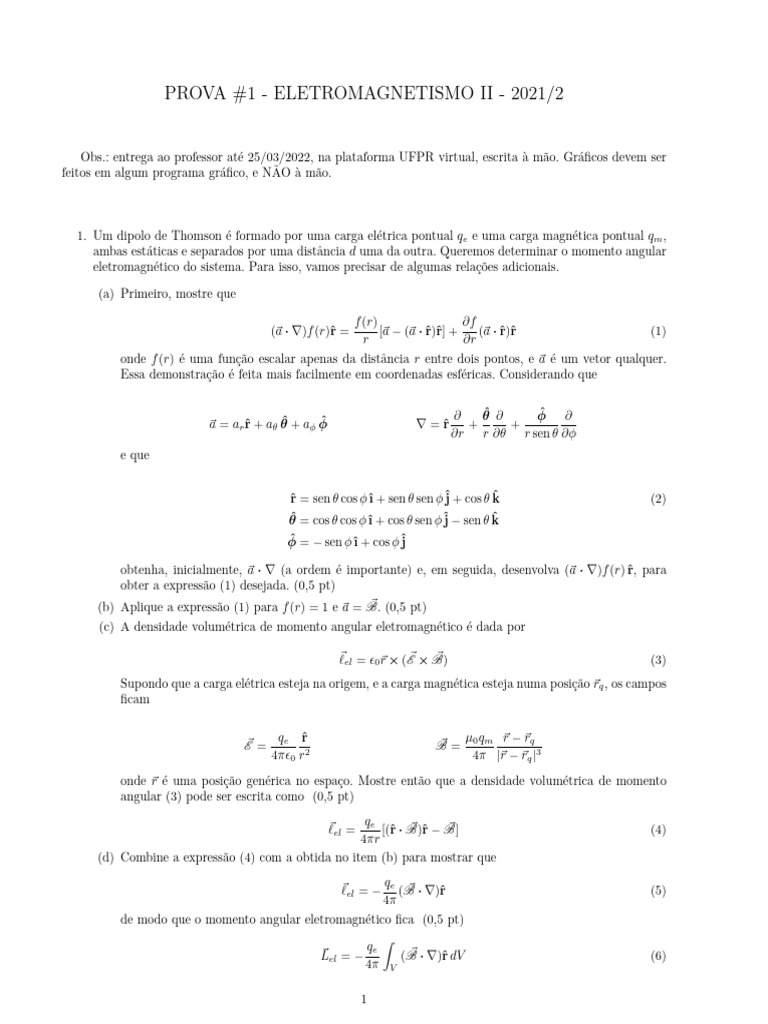 Prova1 Eletro2 2021 2 | PDF | Magnetismo | Eletromagnetismo