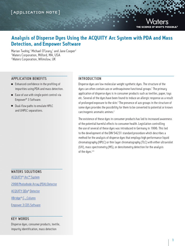 Analysis of Disperse Dyes Using The ACQUITY Arc System With PDA and Mass Detection, and Empower ...
