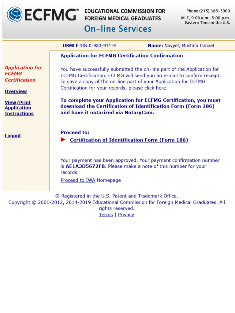 Application For ECFMG Certification Payment Number | PDF