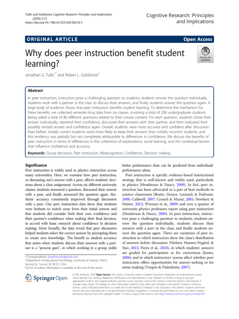 Why Does Peer Instruction Benefit Student Learning Pdf Learning