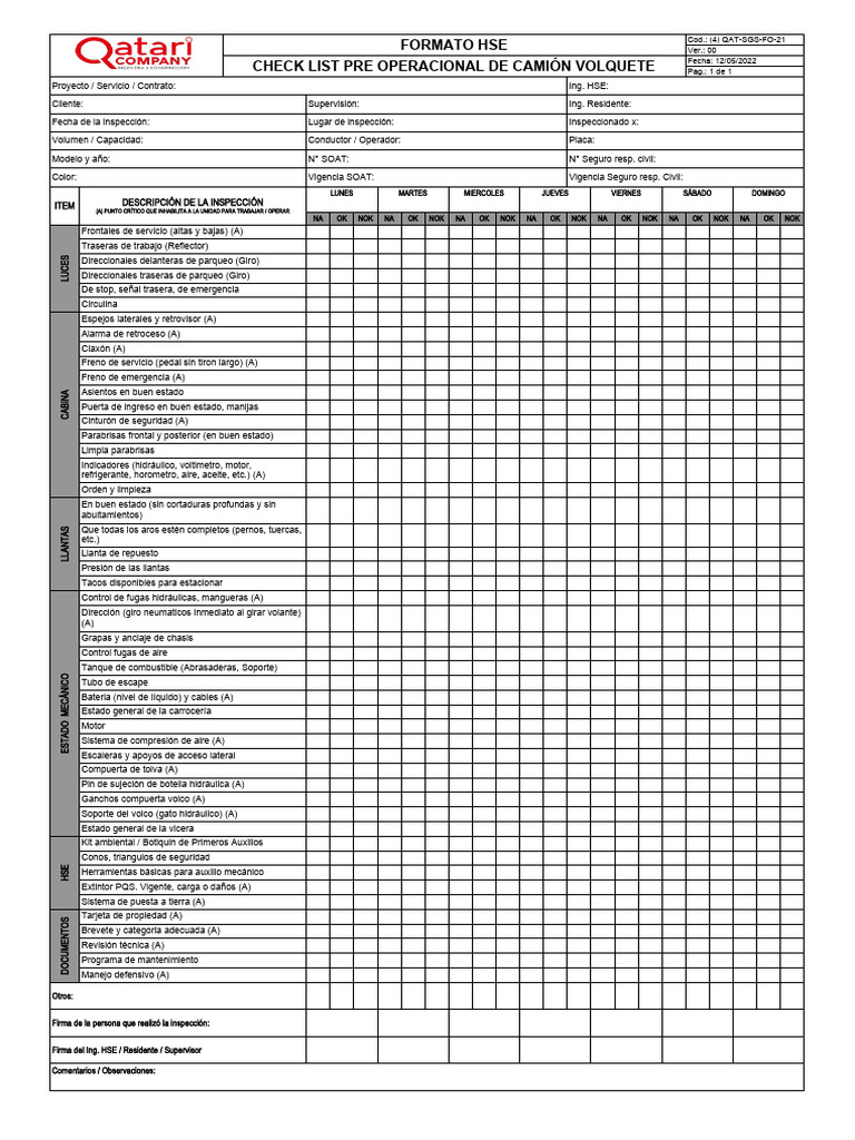 (4) QAT-SGS-FO-21 Check list pre operacional camión volquete Ver. 00 ...