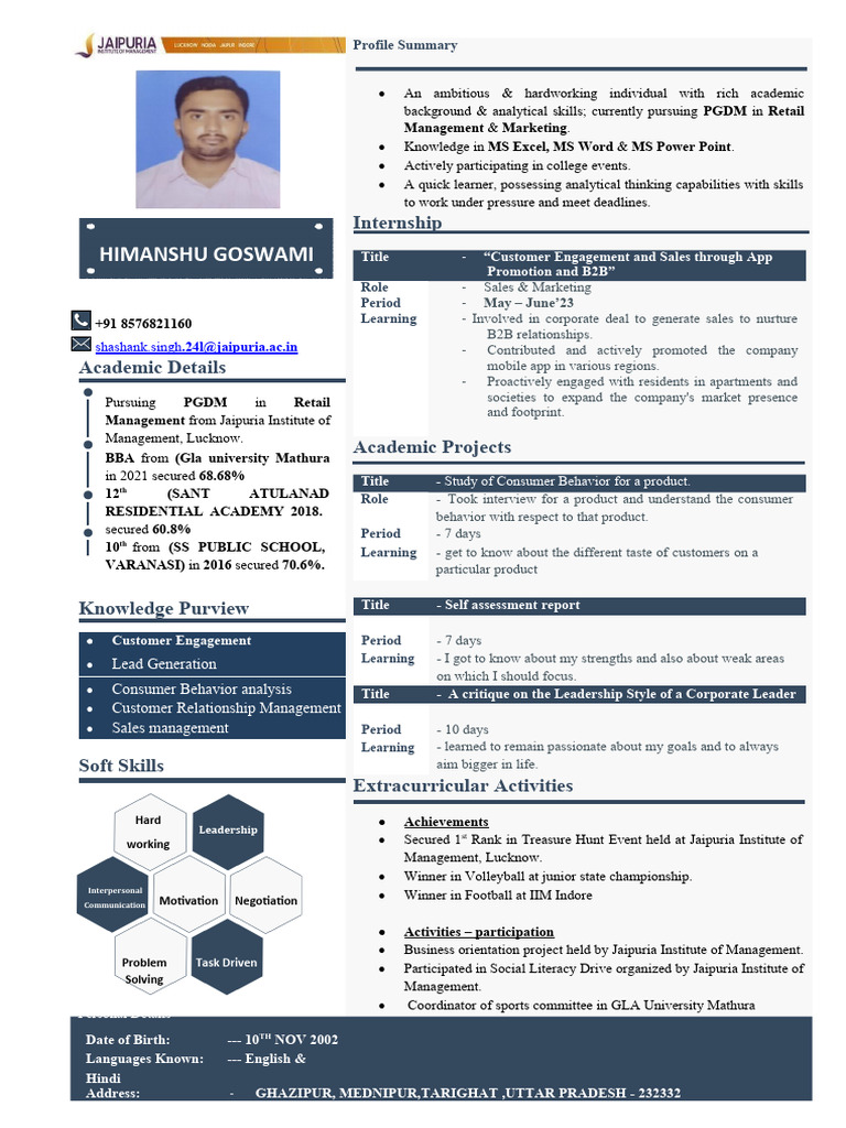 SHASHANK SINGH Placment Resume Dshas | PDF | Sales | Leadership