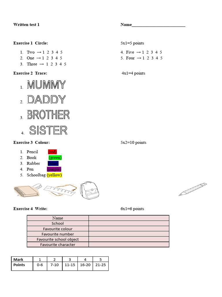 Test for Class 1 Students | PDF | Self-Improvement