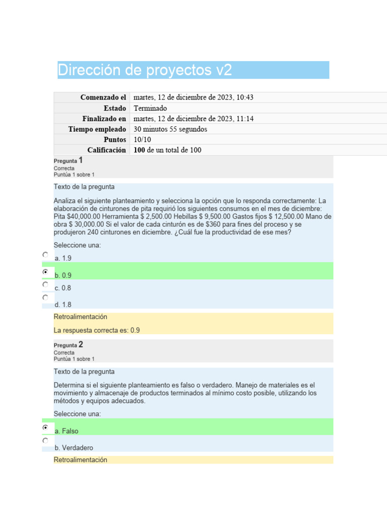 Dirección de Proyectos v2 - EA6. Cuestionario - Implementación Del Proyecto Examen 6 | PDF ...