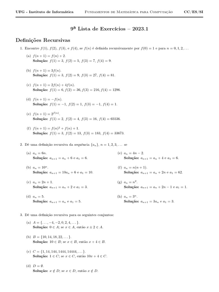 Lista9 Recursão Soluções Atualizada | PDF | Recursão | Teoria da Computação