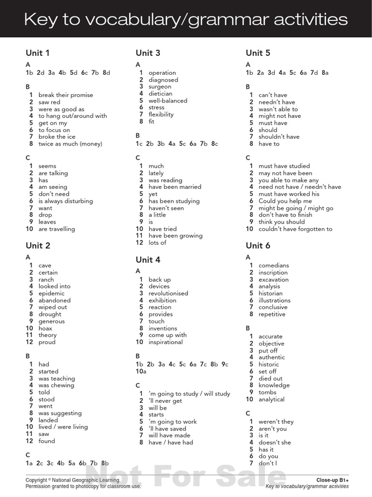 Close-Up - B1+ - Extra Vocabulary and Grammar Tasks Key | PDF