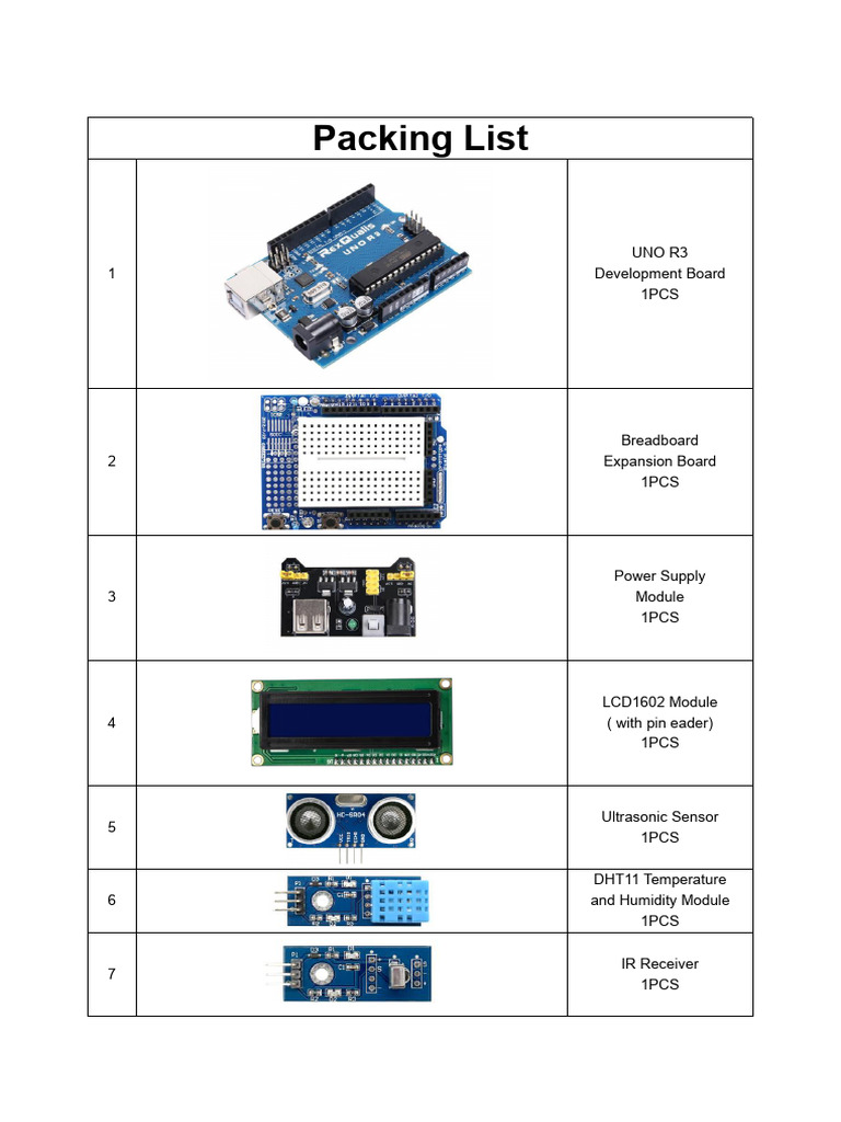 UNO R3 Super Starter Kit Packing List | PDF