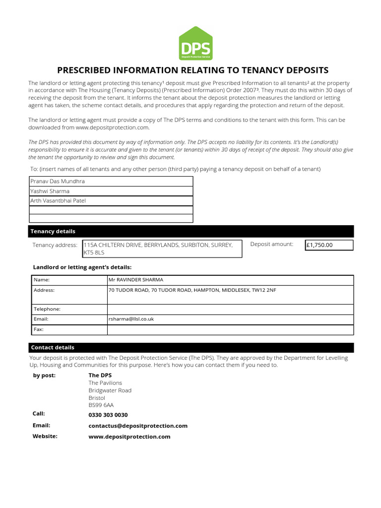 Tenancy Deposit Prescribed Information | PDF | Leasehold Estate | Landlord