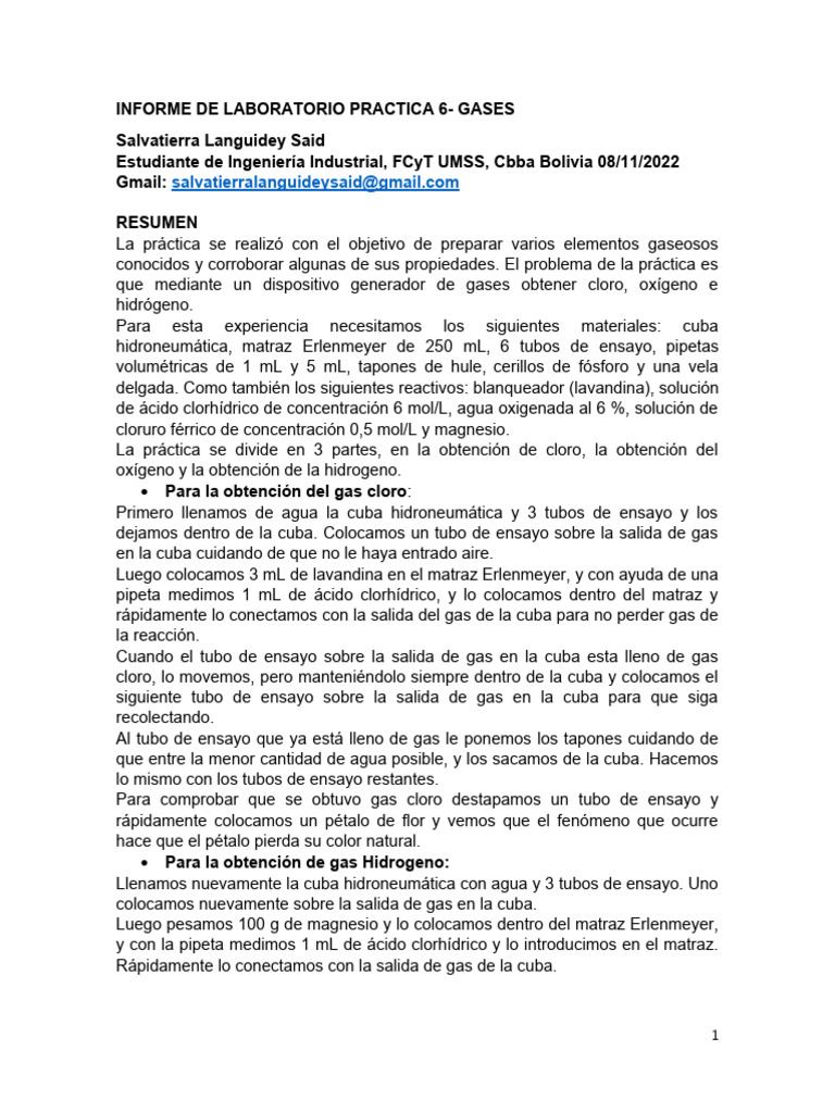 Informe De Laboratorio Practica 4 Pdf Cloro Ácido Clorhídrico