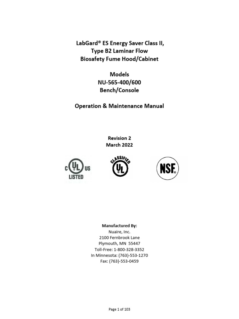Om0325 Nu 565 Class II Type b2 Biosafety Fume Hood Cabinet Manual | PDF ...