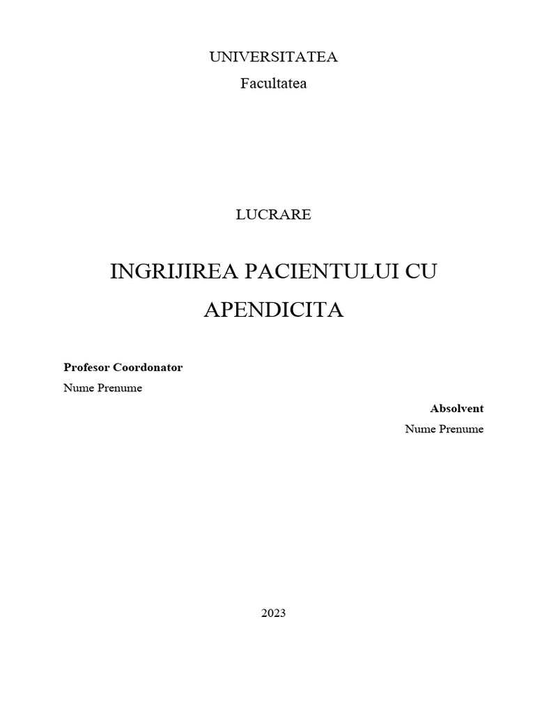 Îngrijirea Pacientului Cu Apendicita Finals 1 | PDF