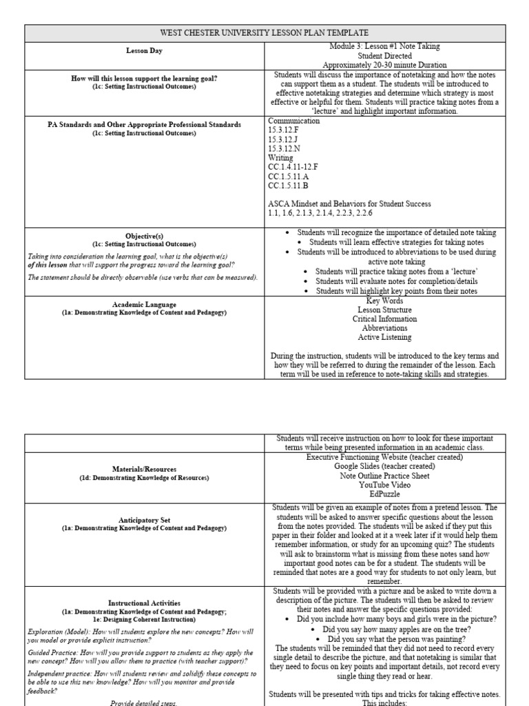Note Taking Skills Lesson Plan | PDF | Pedagogy | Teachers