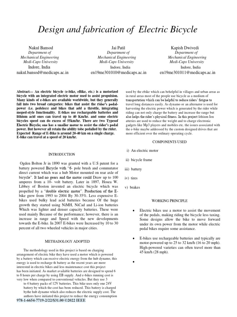 Design and Fabrication of Electric Bicycle | PDF | Rechargeable Battery | Electrical Engineering