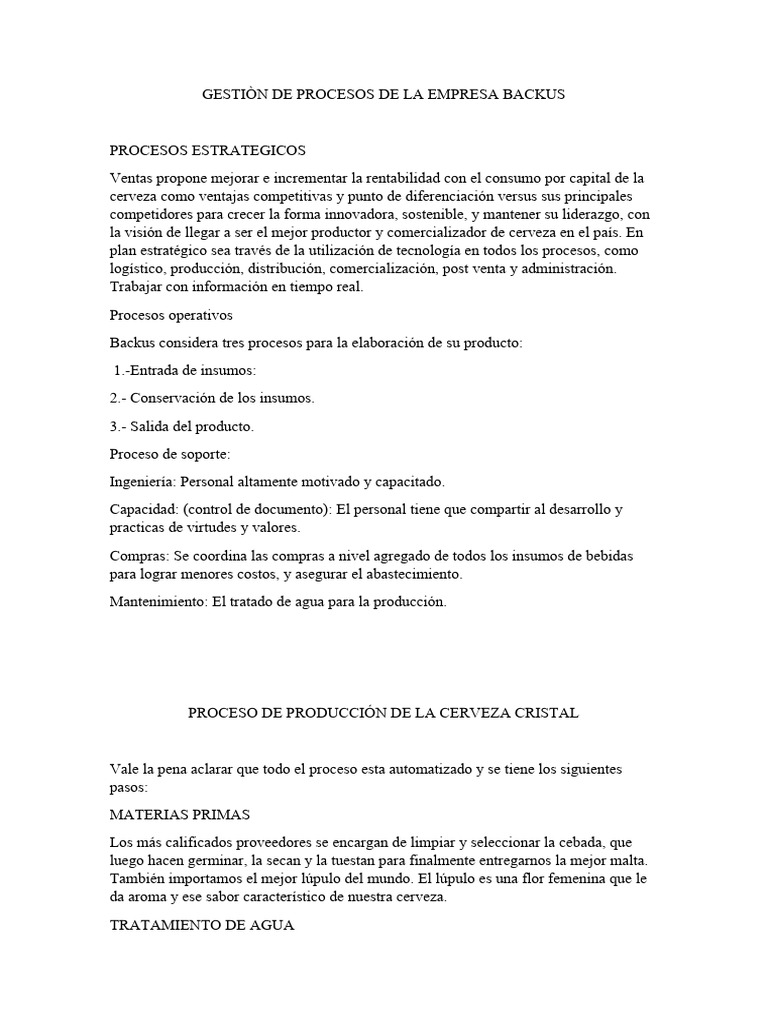 Gestiòn de Procesos de La Empresa Backus | PDF | Cerveza | Business