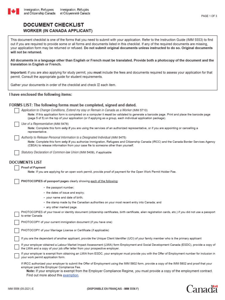 Imm5556 Document Checklist Worker (In Canada Applicant) (2021-05) | PDF ...