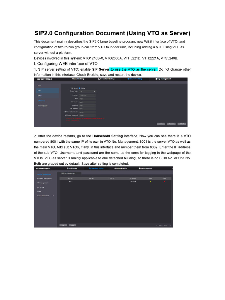 SIP2.0 Configuration Document (Using VTO As Server) | PDF | Ip Address | Session Initiation Protocol