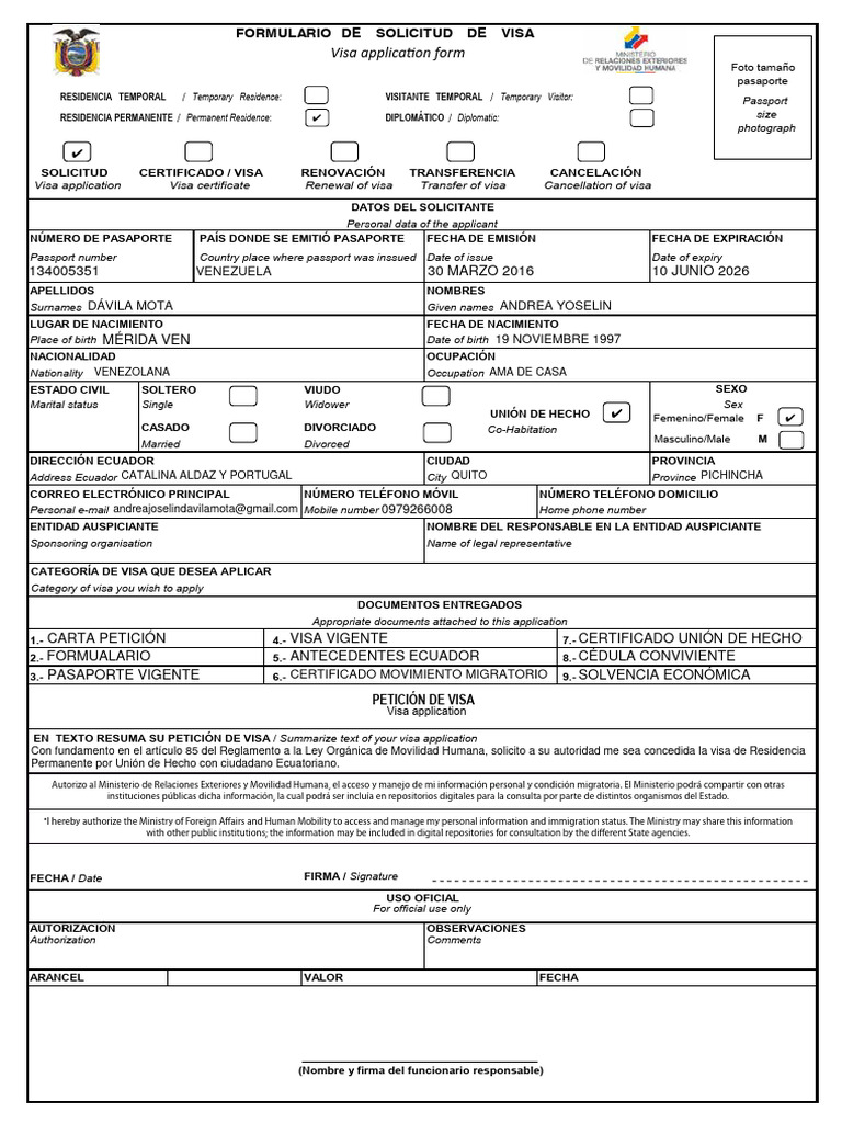 Formulario Visa Ecuador | PDF | Visa de viaje | Migración humana