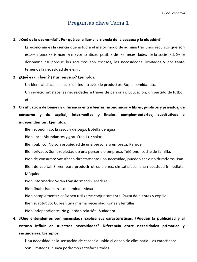 Preguntas Clave Tema 1 | PDF | Ciencias económicas | Bienes